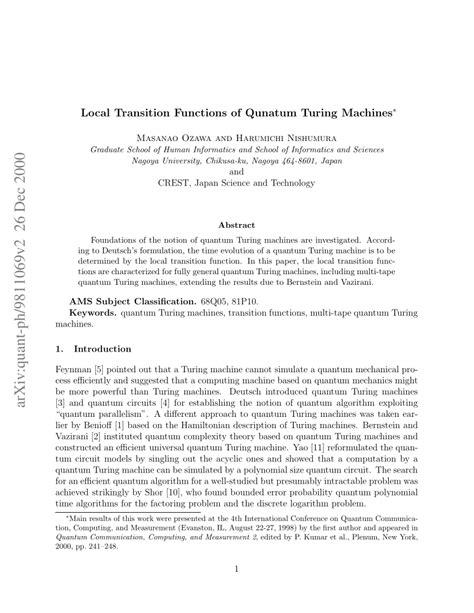 Pdf Local Transition Functions Of Quantum Turing Machines