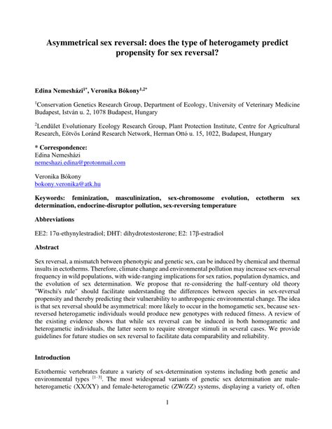 PDF Asymmetrical Sex Reversal Does The Type Of Heterogamety Predict Propensity For Sex Reversal