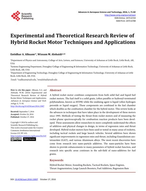 Pdf Experimental And Theoretical Research Review Of Hybrid Rocket Motor Techniques And