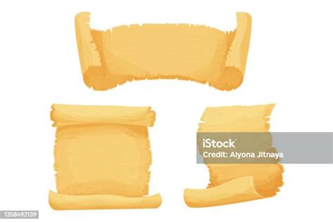 흰색 배경 스톡 벡터 일러스트레이션에 격리 된 만화 스타일의 빈 양피지 스크롤 파피루스 빈 프레임 빈 을 설정합니다 질감 의자산 중세 앤티크 요소 벡터 일러스트레이션 갈색에