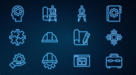 세트 라인 도구 상자 미세 회로 프로세서 Cpu 그림 나침반 작업자 안전 헬멧 기어 내부 인간 머리 기어 그래프 종이와 연필 및 아이콘 벡터 Cpu에 대한 스톡 벡터 아트