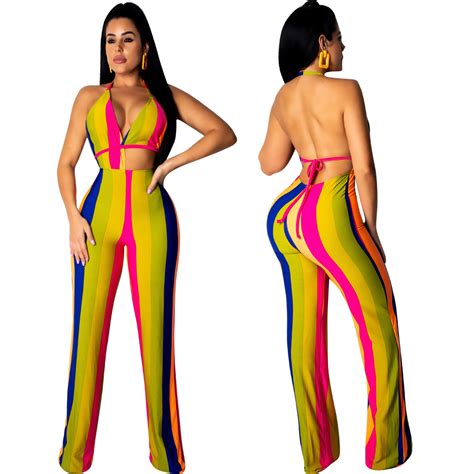 Sexy Backless Halter Neck Stripe Wide Leg Jumpsuit Hm5210