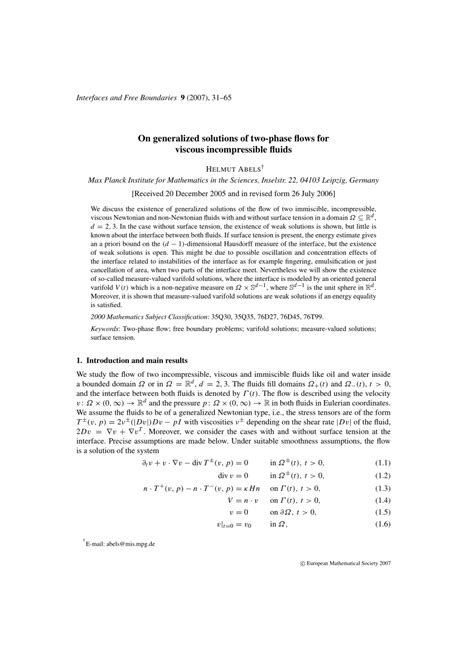 Pdf On Generalized Solutions Of Two Phase Flows For Viscous Incompressible Fluids