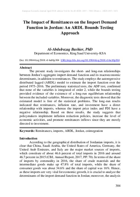 Pdf The Impact Of Remittances On The Import Demand Function In Jordan An Ardl Bounds Testing
