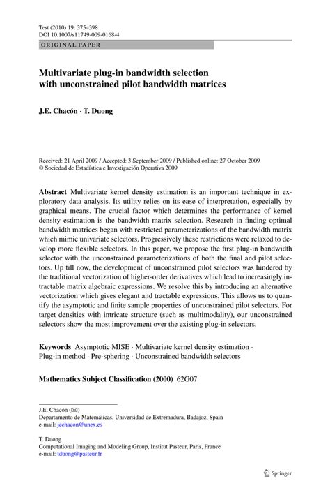 Pdf Multivariate Plug In Bandwidth Selection With Unconstrained Pilot