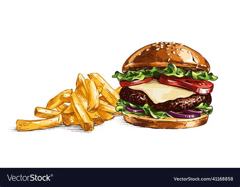 Colour Burger And French Fries Hand Drawing Sketch