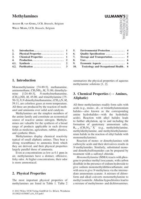 Pdf Ullmanns Encyclopedia Of Industrial Chemistry Methylamines