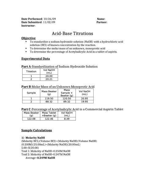 Acid Base Titrations Lab Report General Chemistry Lab Chem 1045 Docsity