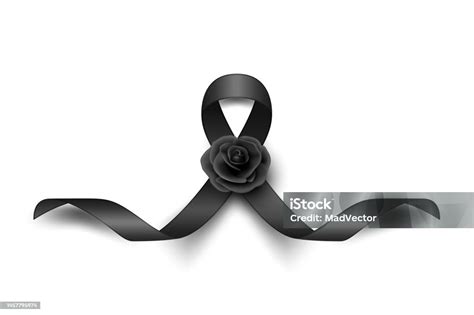 벡터 블랙 실크 리본과 블랙 로즈 장례식 카드 배너 초대장에 대 한 디자인 서식 파일입니다 흰색 배경에 격리된 검은색 인식 리본 기도 애도 상징에 대한 아이콘 0명에 대한