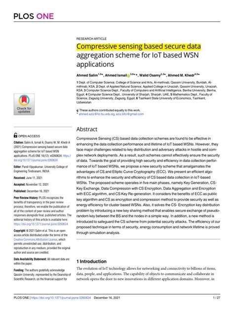 Plos Compressive Sensing Based Secure Data Aggregation Scheme For Iot