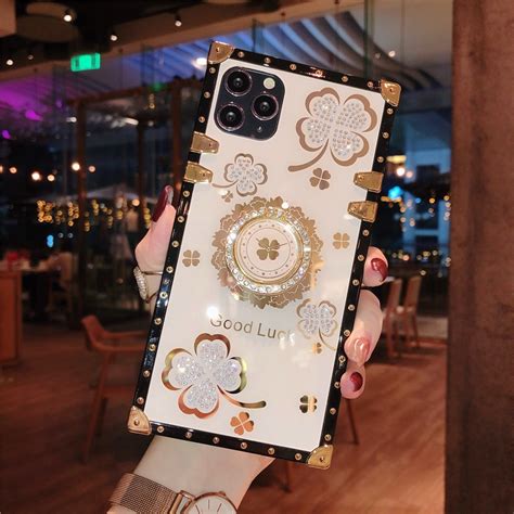เคสโทรศัพท์มือถือ ทรงสี่เหลี่ยม ประดับเพชร กลิตเตอร์ พร้อมแหวนขาตั้ง