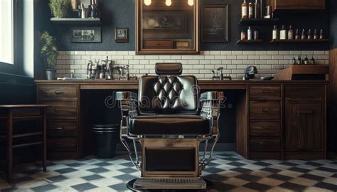 Classic Barber Chair In A Stylish Vintage Barbershop With Shelves And