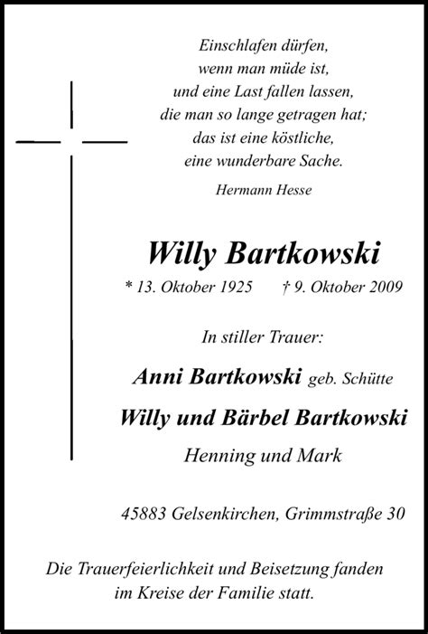 Traueranzeigen Von Willy Bartkowski Trauer In Nrwde