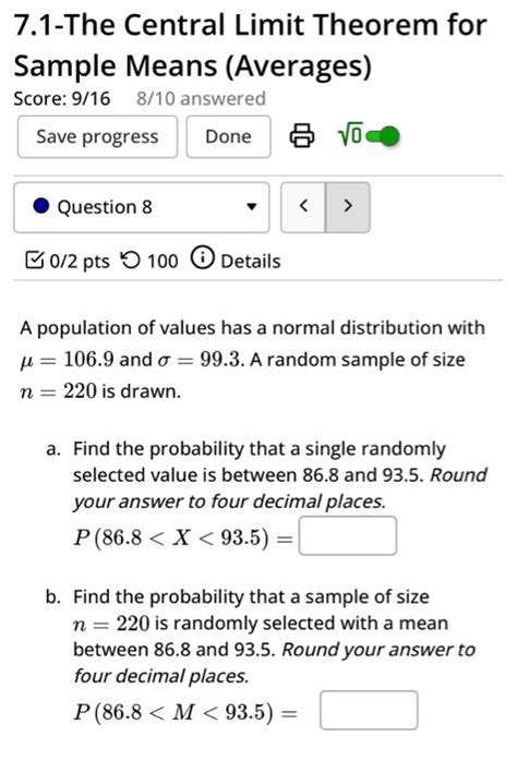 Solved 7 1 The Central Limit Theorem For Sample Means