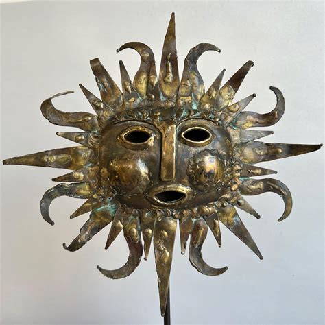 Emaús Brutalist Brass And Bronze Sun Face Sculpture On Stand Signed