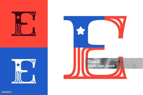 미국 국기로 만든 E 레터 로고 별과 줄무늬가 있는 Serif 글꼴입니다 미국 역사와 7 월 4 일 축하 행사의 클래식 아이콘 로고에 대한 스톡 벡터 아트 및 기타 이미지