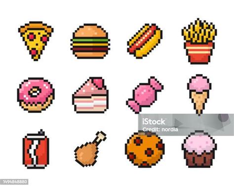 패스트 푸드 픽셀 아트 아이콘 빈티지 8 비트 80 년대 90 년대 게임 컴퓨터 아케이드 게임 아이템 쿠키 아이스크림 사탕 벡터