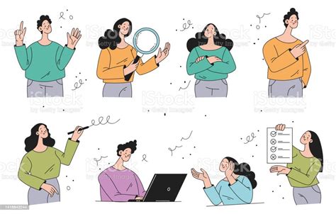 비즈니스 오피스 근로자 캐릭터 기업 관리 낙서 라인 스타일 개념 격리 된 디자인 요소 일러스트 레이 션 세트 개념에 대한 스톡