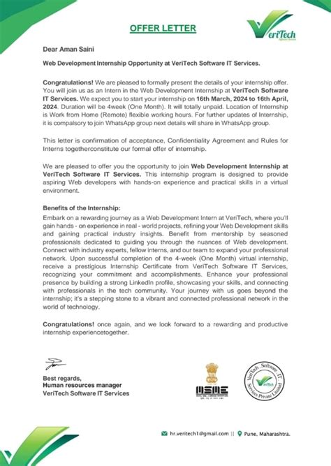 Aman Saini On Linkedin Excited To Announce That I Got An Internship Offer With Veritechthrilled