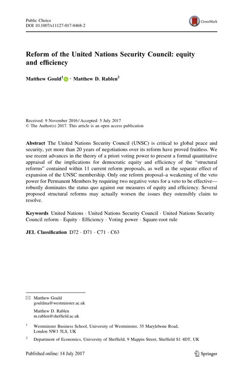 Pdf Reform Of The United Nations Security Council Equity And Efficiency
