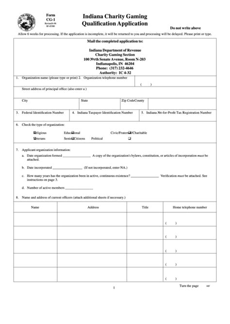 Fillable Form Cg 1 Indiana Charity Gaming Qualification Application