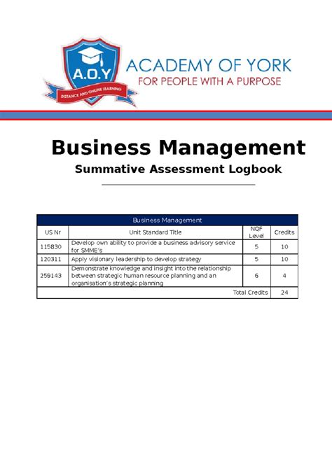 Business Management Assessment Logbook Business Management Summative