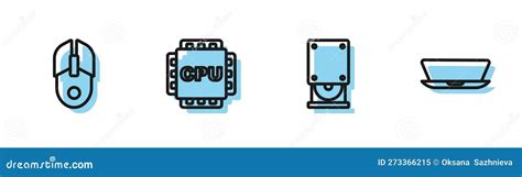 Set Line Optical Disc Drive Computer Mouse Processor With Cpu And Laptop Icon Vector Stock