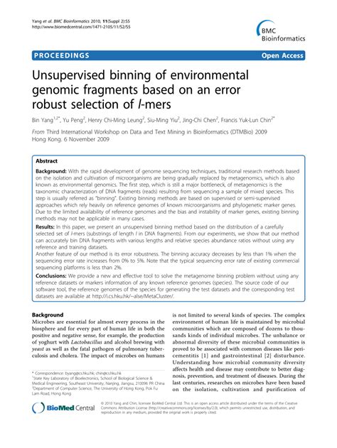 Pdf Unsupervised Binning Of Environmental Genomic Fragments Based On An Error Robust Selection
