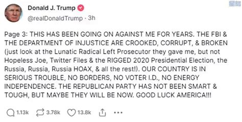 連發帖文炮轟fbi司法部 特朗普自稱慘遭差別對待 星島日報