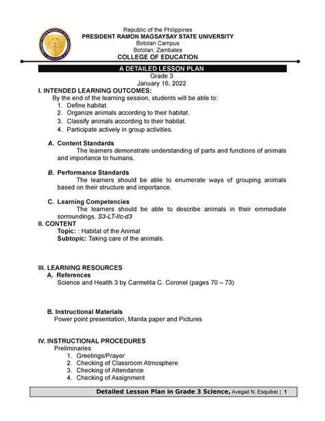 Esquibel Avegail N Beed 2 Detailed Lesson Plan In Science Republic Of The Philippines