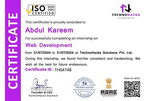 Abdul Kareem On Linkedin Internship Webdevelopment Technohacks Careergrowth