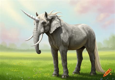 An Elephant Horse Hybrid With A Unicorn Horn Stands In A Grassy Field