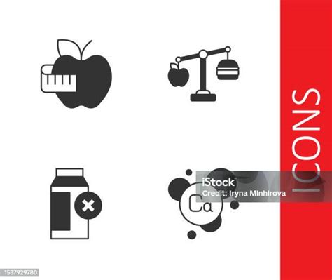 칼슘 사과 및 측정 테이프 유당 불내증 및 칼로리 계산기 아이콘을 설정합니다 벡터 개념에 대한 스톡 벡터 아트 및 기타 이미지 개념 건강 진단 건강관리와 의술