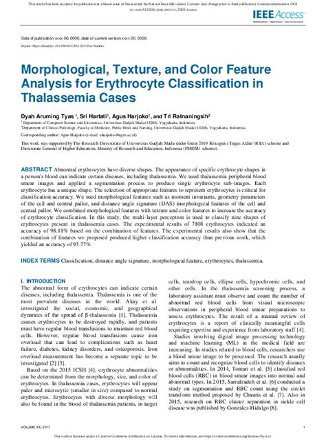 Pdf Morphological Texture And Color Feature Analysis For Erythrocyte Classification In