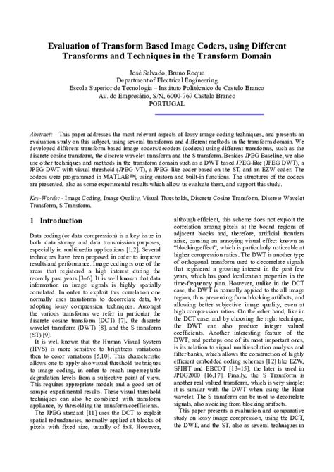 Pdf Evaluation Of Transform Based Image Coders Using Different Transforms And Techniques In