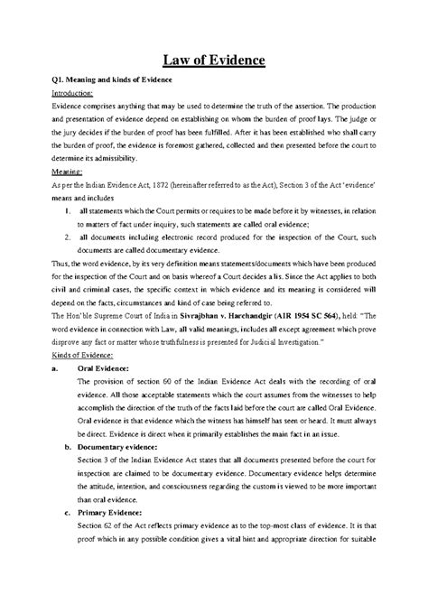 Law Of Evidence Mids Mid Term Notes Law Of Evidence Q1 Meaning And