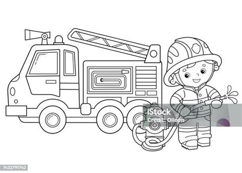색칠 공부 페이지 소방관이나 소방관이있는 만화 소방차의 개요 소방 전문 운송 아이들을위한 색칠 공부 책 교육에 대한 스톡 벡터 아트 및 기타 이미지 Istock