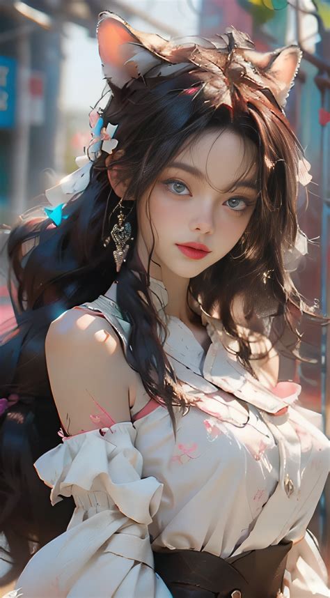 고양이 귀와 드레스를 입은 여자의 클로즈업 Seaart Ai