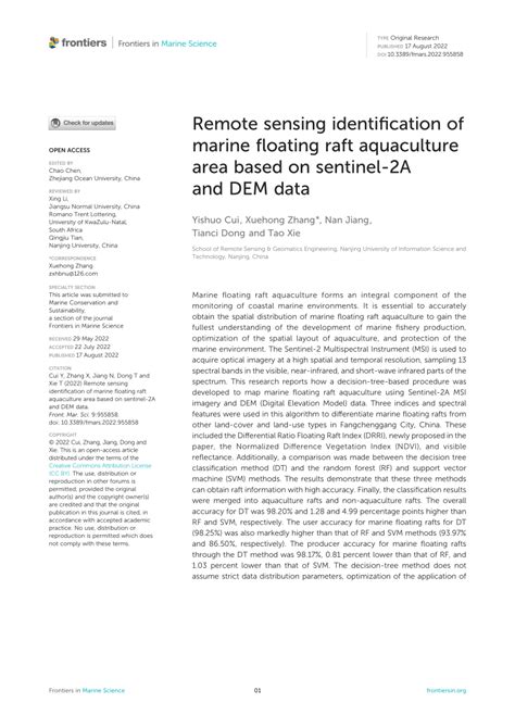 Pdf Remote Sensing Identification Of Marine Floating Raft Aquaculture Area Based On Sentinel