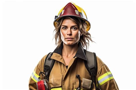 Premium Photo Female Field Worker In Firefighter Costume On White