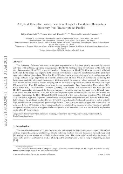 Pdf A Hybrid Ensemble Feature Selection Design For Candidate Biomarkers Discovery From