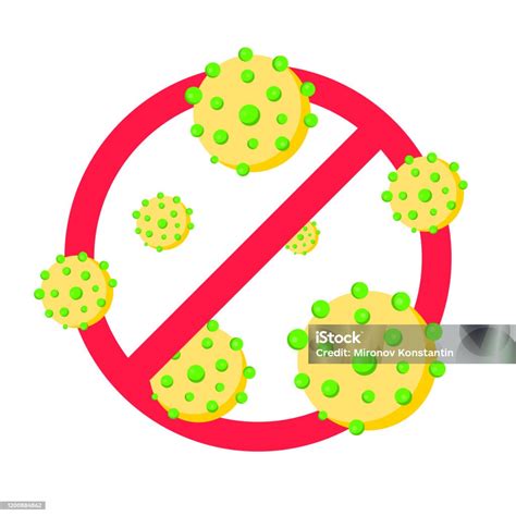 바이러스와 나쁜 박테리아 또는 세균 Prohobition 표시를 중지합니다 흰색 배경에 격리 된 빨간 중지 방어 원 플랫 스타일 디자인 벡터 그림에 큰 바이러스 또는 보석