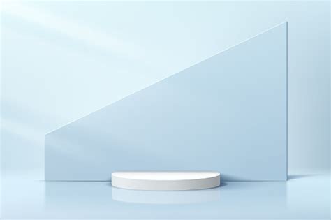 기하학적 배경을 배경으로 한 현대적인 화이트 세미 실린더 받침대 연단 추상 파스텔 블루 컬러 최소 장면 그림자가 있는 기하학적 플랫폼 벡터 렌더링 3d 모양 제품 표시