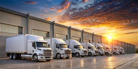 Sunset Delivery White Semi Trucks Lined Up At Warehouse Loading Dock Stock Illustration