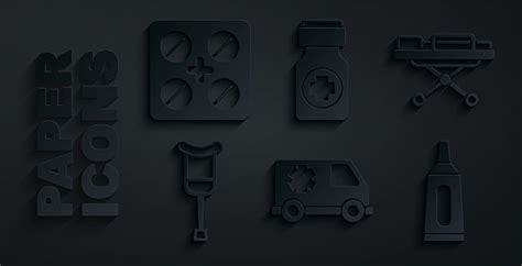 응급 차량 들것 목발 또는 목발 연고 크림 튜브 약 약 병 및 알약 및 알약 물집 팩 아이콘을 설정합니다 벡터 3차원 형태에