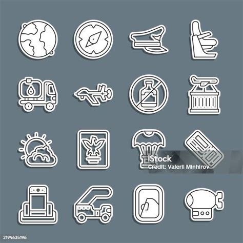 세트 라인 비행선 항공권 비행기 파일럿 모자 Uav 무인 항공기 연료 유조선 전 세계 및 알코올 아이콘 없음 벡터 계단에 대한 스톡 벡터 아트 및 기타 이미지 Istock