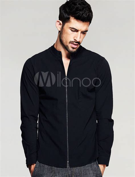 Black Casual Shirt Mens Zipper Long Sleeve Top