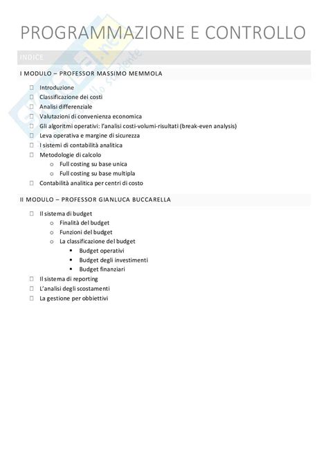 appunti delle lezioni di programmazione e controllo