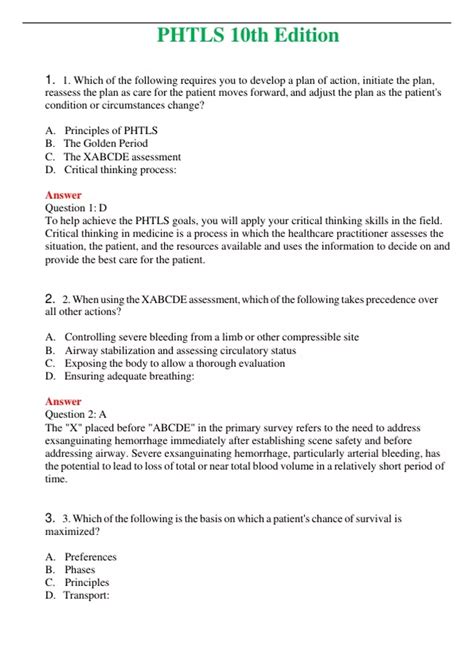 Phtls 10th Edition Latest 2024 Questions With Complete Grade A Answers Phtls 10th Edition