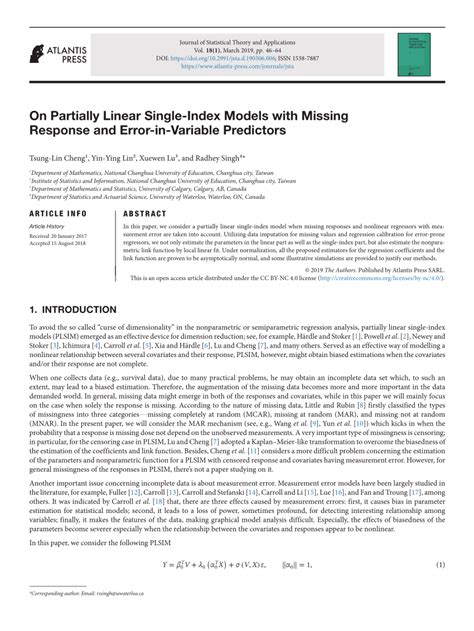 Pdf On Partially Linear Single Index Models With Missing Response And Error In Variable Predictors